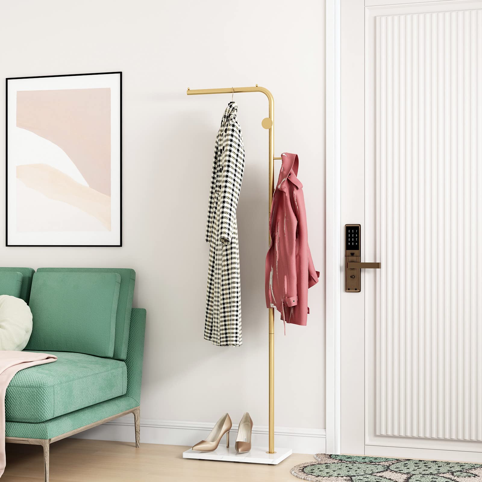 DR.IRON Modern Gold Coat Racks Freestanding Hall Coat Tree,Hat Racks with Marble Base & Coat Hanger with Umbrella for Entryway Hallway, Office or Bedroom