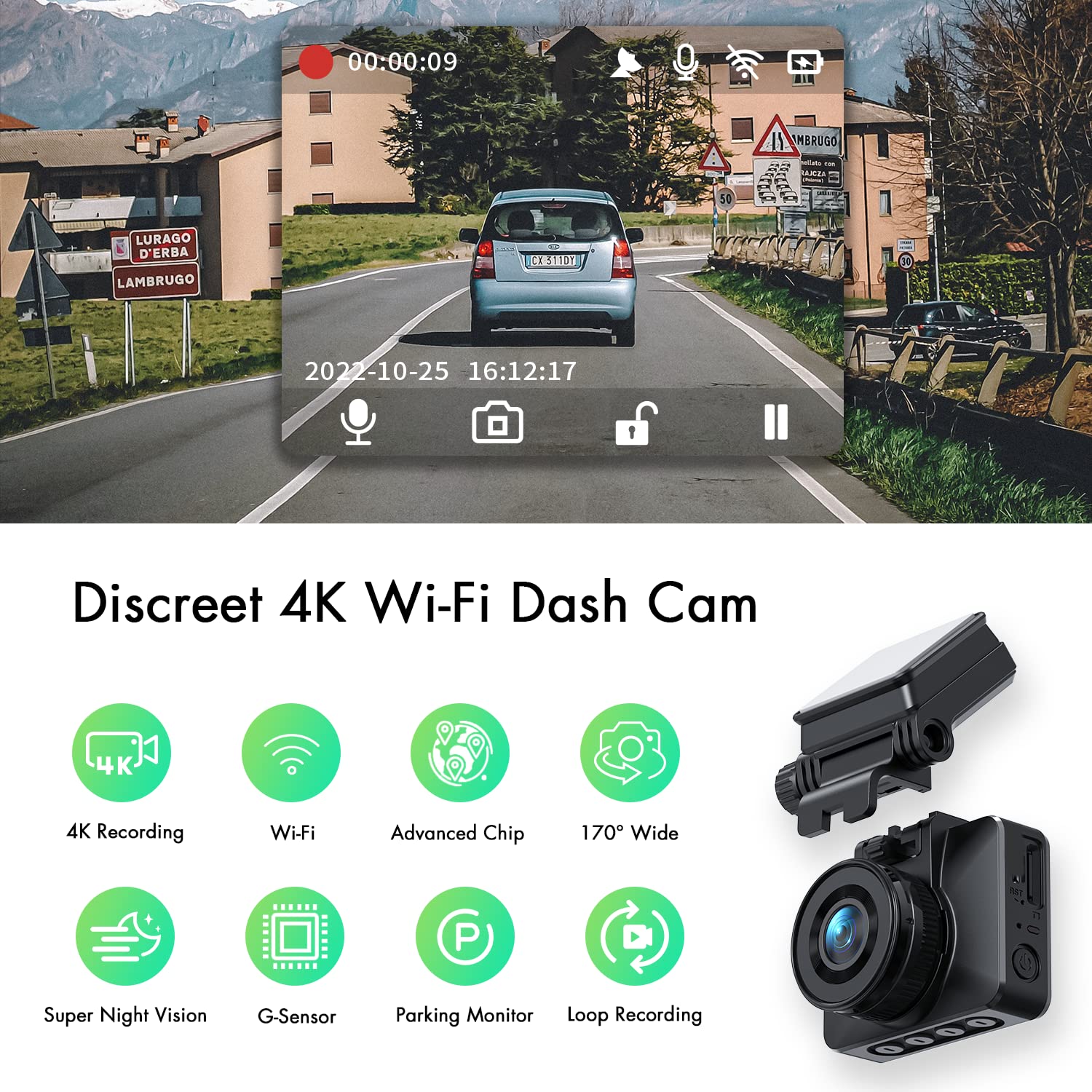 4K Dash Cam Built-in Wi-Fi UHD2160P Discreet Car Dashboard Camera Recorder with 24-Hour Parking Monitor, Super Night Vision, Loop Recording, 170° Wide Angle, Support APP