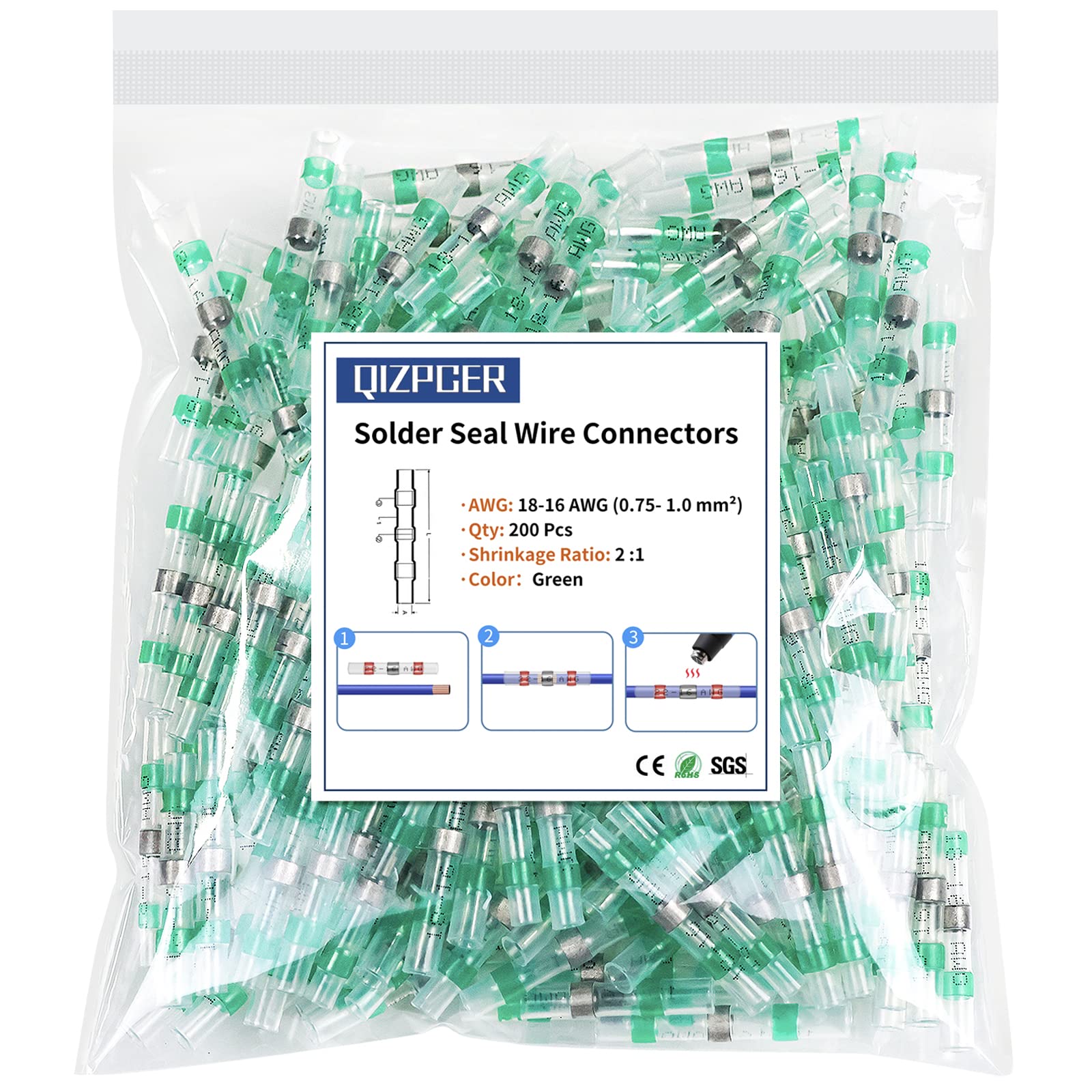 200Pcs Waterproof Solder Seal Wire Connectors, 18-16 Gauge Green Heat Shrink Butt Connectors for Electrical Marine, Automotive and Wiring Terminal Splices