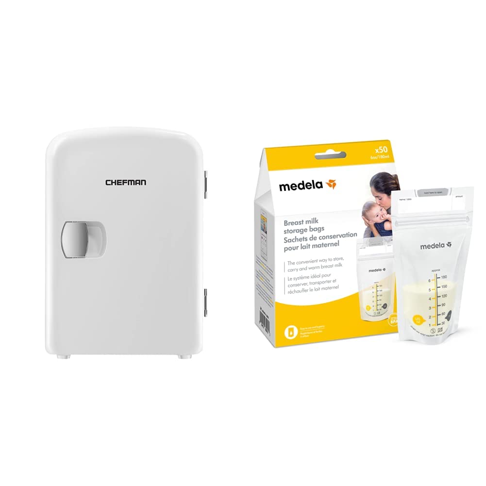 Chefman Mini Portable White Personal Fridge Cools Or Heats & Provides Compact Storage For Skincare, Snacks & Medela Breastmilk Storage Bags, 50 Count (Pack of 1)
