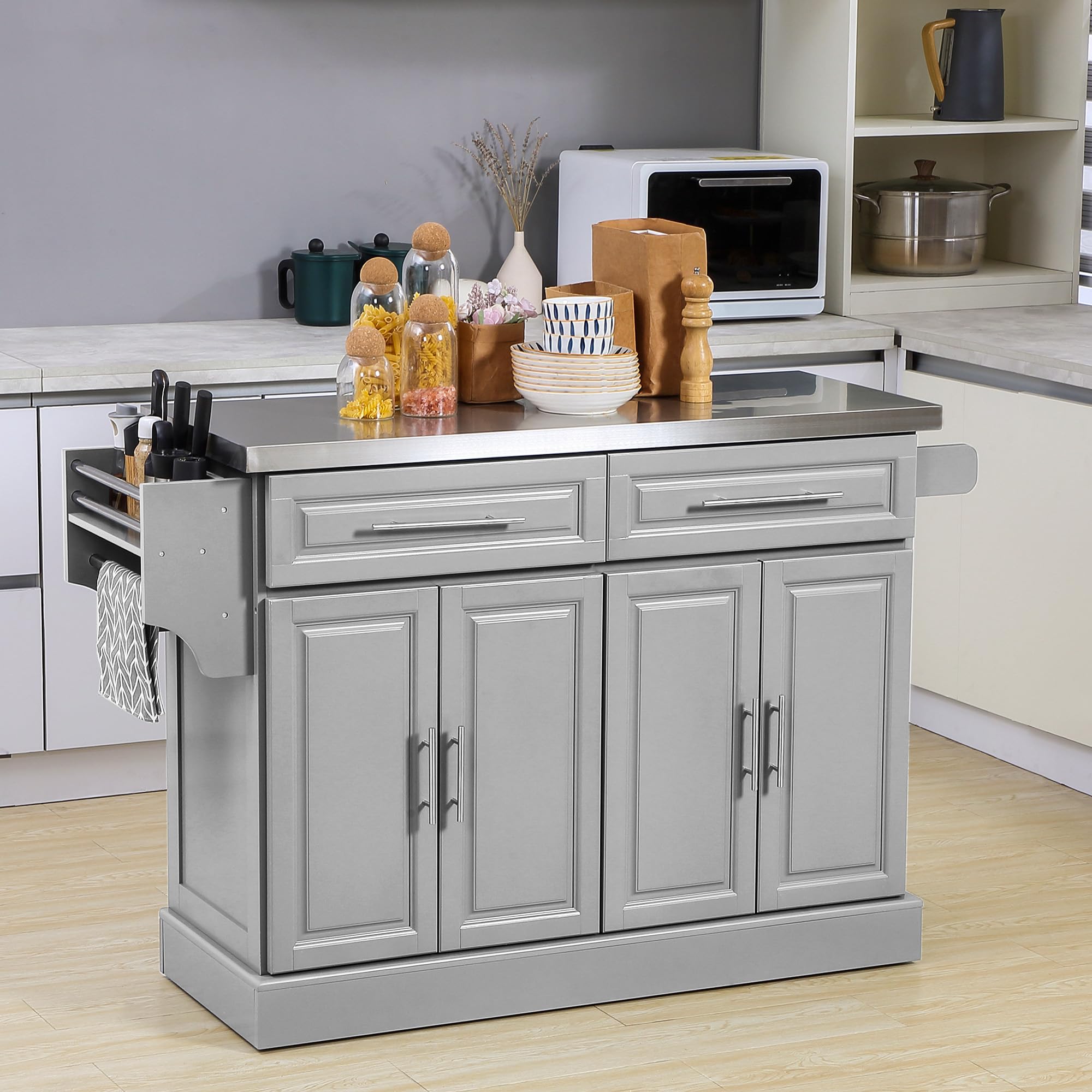 HOMCOM Rolling Island with Wheels for Kitchen, Portable Kitchen Island with Stainless Steel Top, Adjustable Shelves, 2 Drawers, Spice, Knife and Towel Rack, Gray