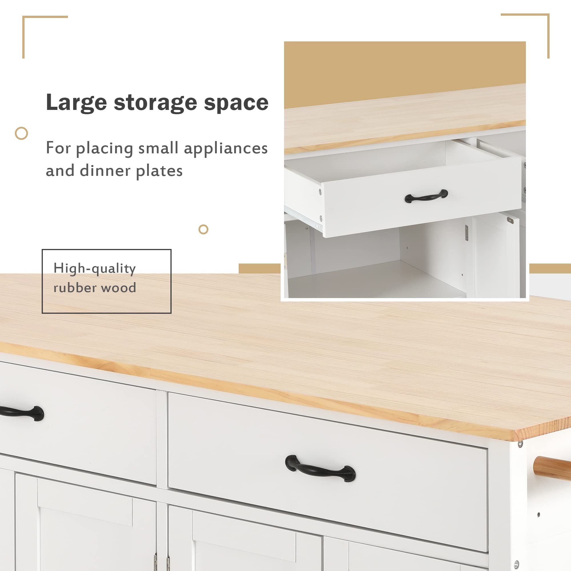 Kitchen Island on Wheels - Moveable Kitchen Island with Solid Wood Top and Locking Wheels, Rolling Kitchen Carts on Wheels with Storage, White