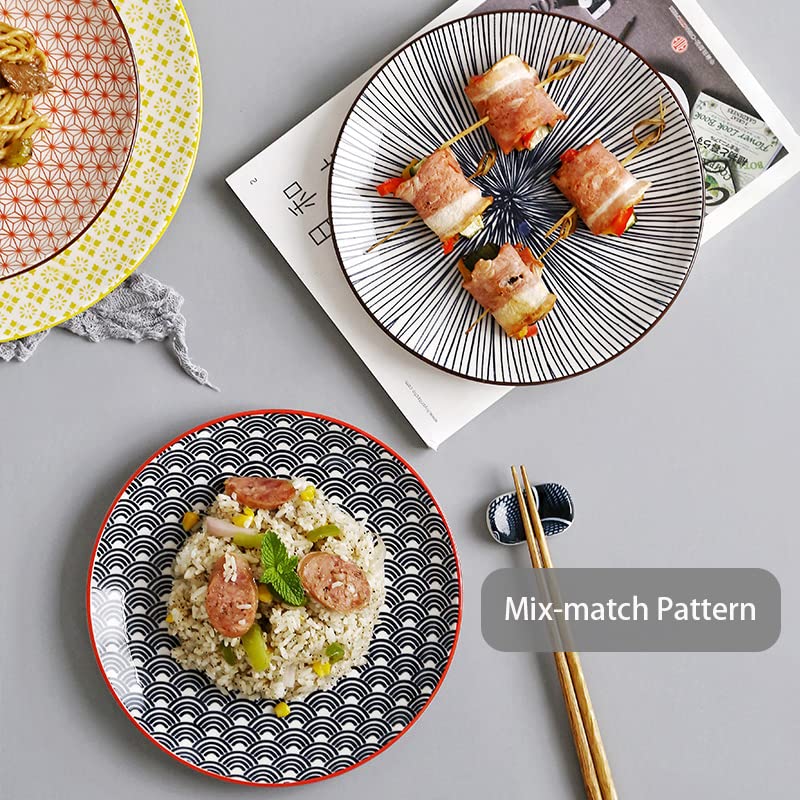 Domini Ceramic Pasta plates,8 inch Salad Bowls,Set of 4,Microwave and Oven Safe Plate with High Edge,Large Wide Bowls/Plates for Serving Dinner,Salad,Oatmeal,Mix-Match Pattern,Gift