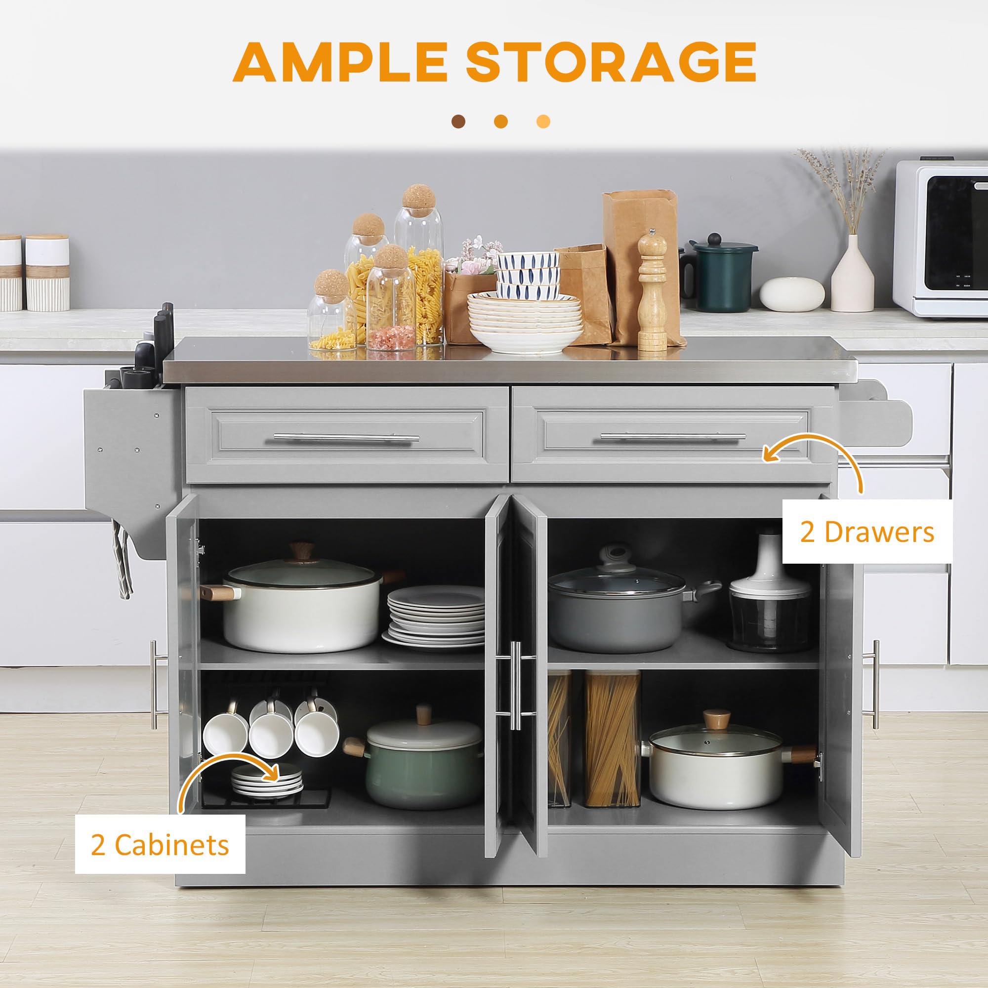 HOMCOM Rolling Island with Wheels for Kitchen, Portable Kitchen Island with Stainless Steel Top, Adjustable Shelves, 2 Drawers, Spice, Knife and Towel Rack, Gray