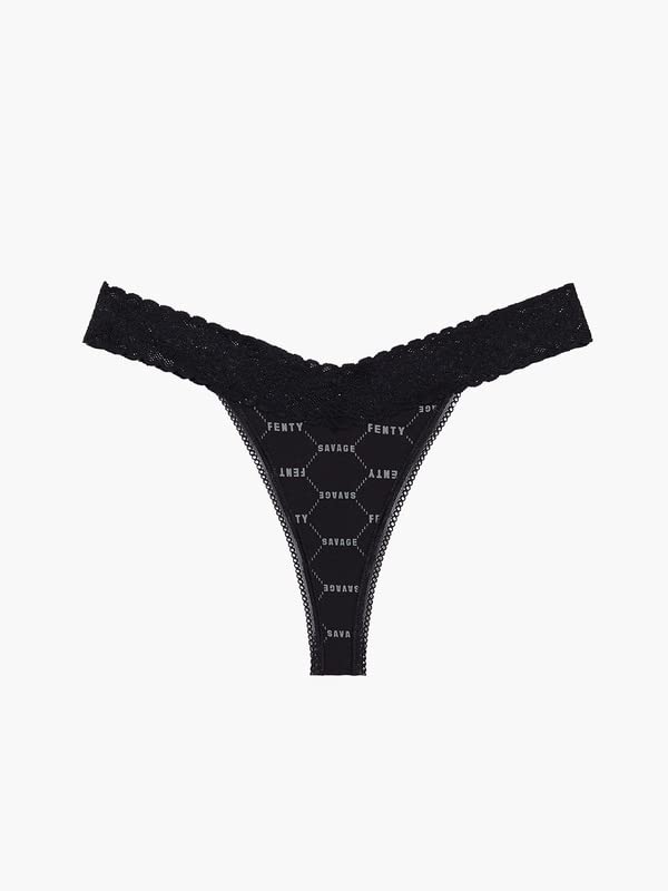 Savage X Fenty, Women's, Cotton Essentials Thong, Minimal coverage, Cotton, Low-rise, Black Caviar Logo Print, M