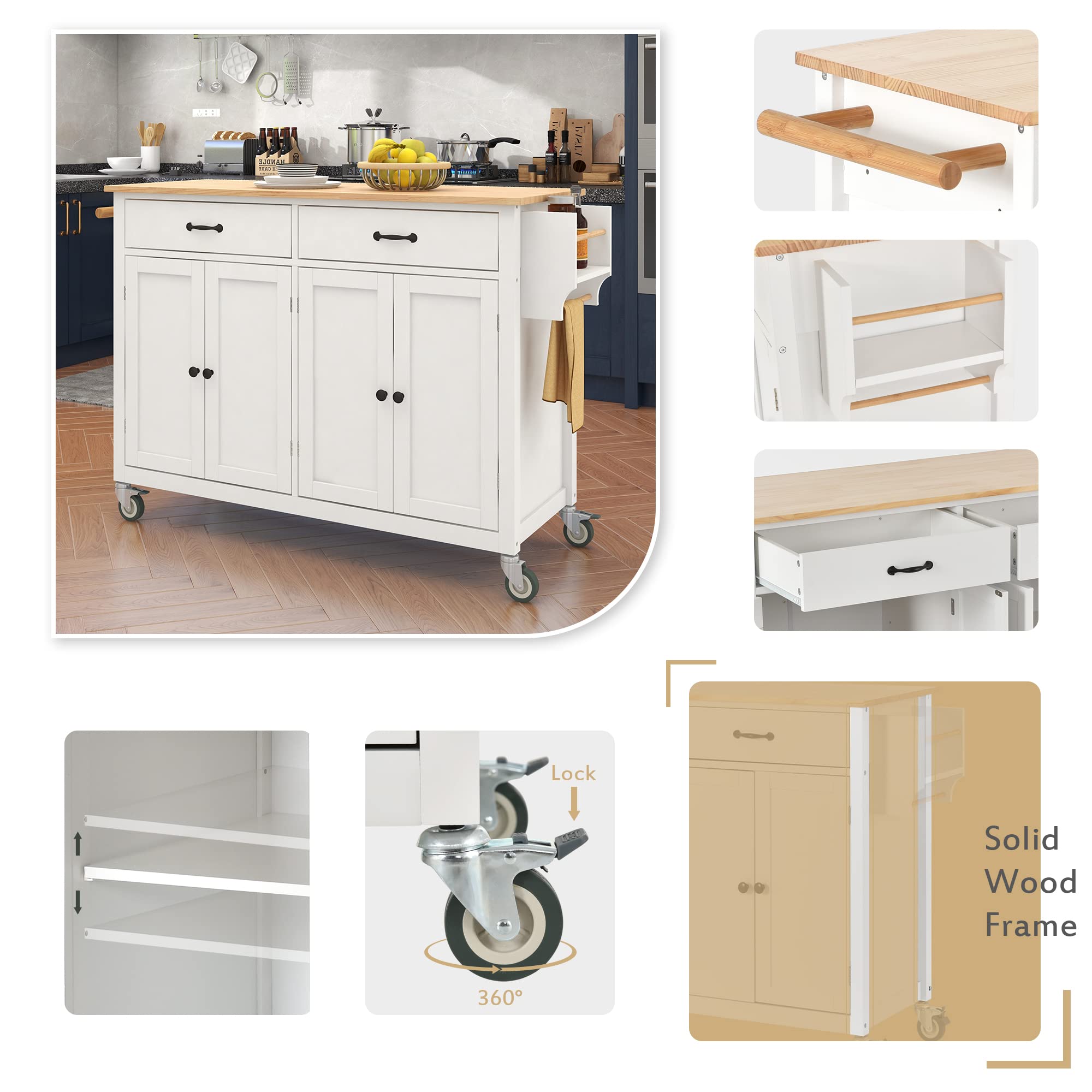 Kitchen Island on Wheels - Moveable Kitchen Island with Solid Wood Top and Locking Wheels, Rolling Kitchen Carts on Wheels with Storage, White