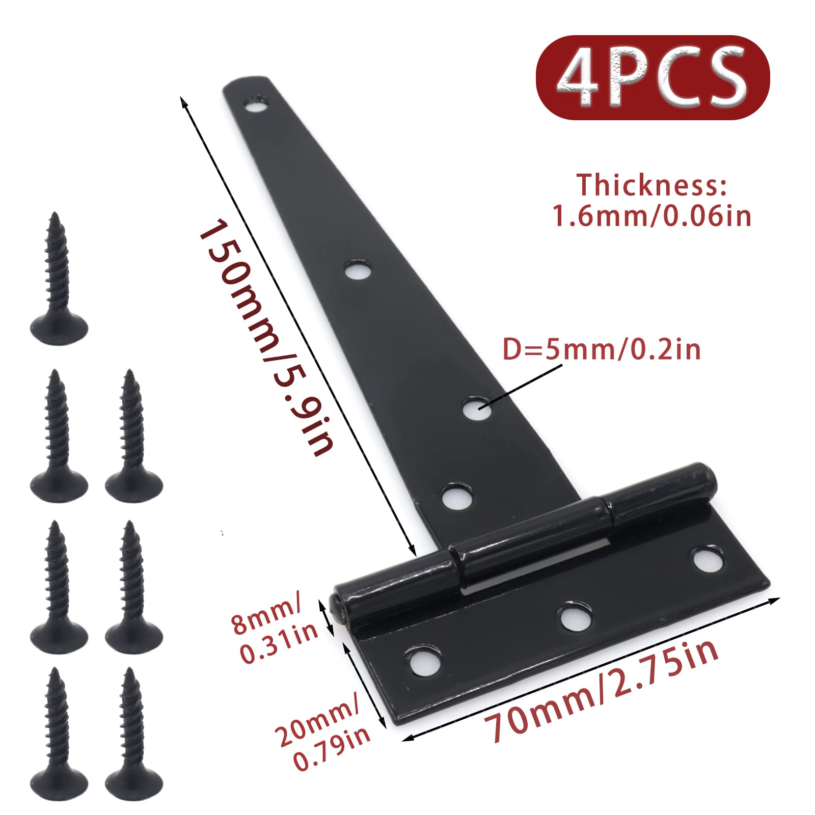 Joyangy 4pcs 6inch Black Heavy Duty T-Strap Gate Door Hinges, Outdoor Gate Hinge, Heavy Duty Gate Hinges for Wooden Fences Barn Door Shed Door Hardware