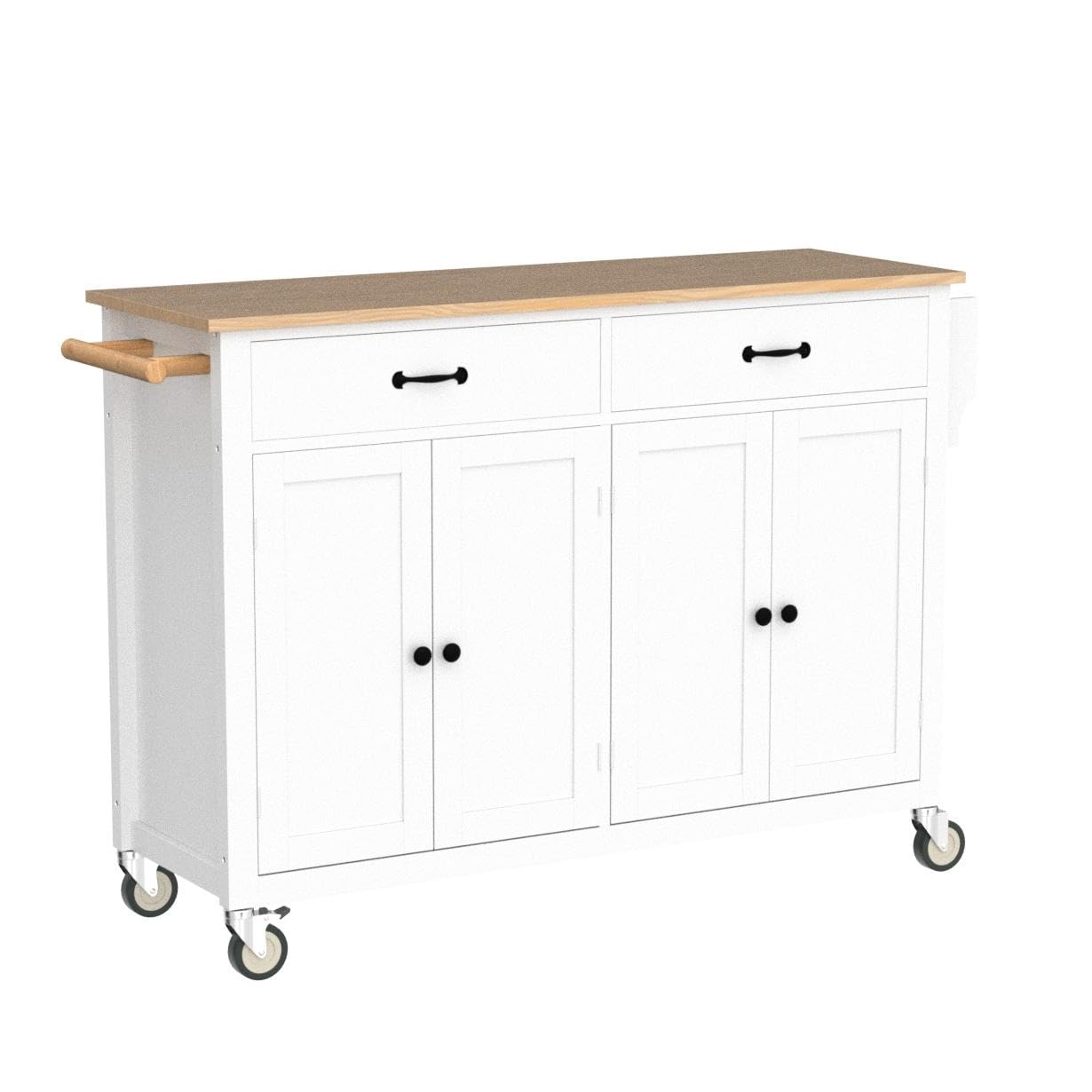 Kitchen Island on Wheels - Moveable Kitchen Island with Solid Wood Top and Locking Wheels, Rolling Kitchen Carts on Wheels with Storage, White