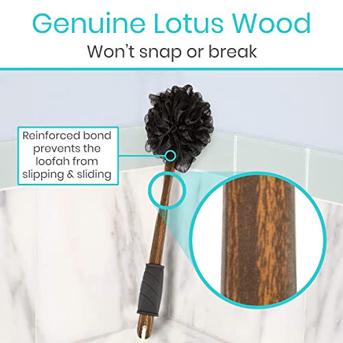 Loofah Back Scrubber by Vive - Long Handled Exfoliating Bath & Shower Body Brush Luffa Sponge On a Stick w/String for Hook - Men & Women (Loofah Brush Dark Wood)