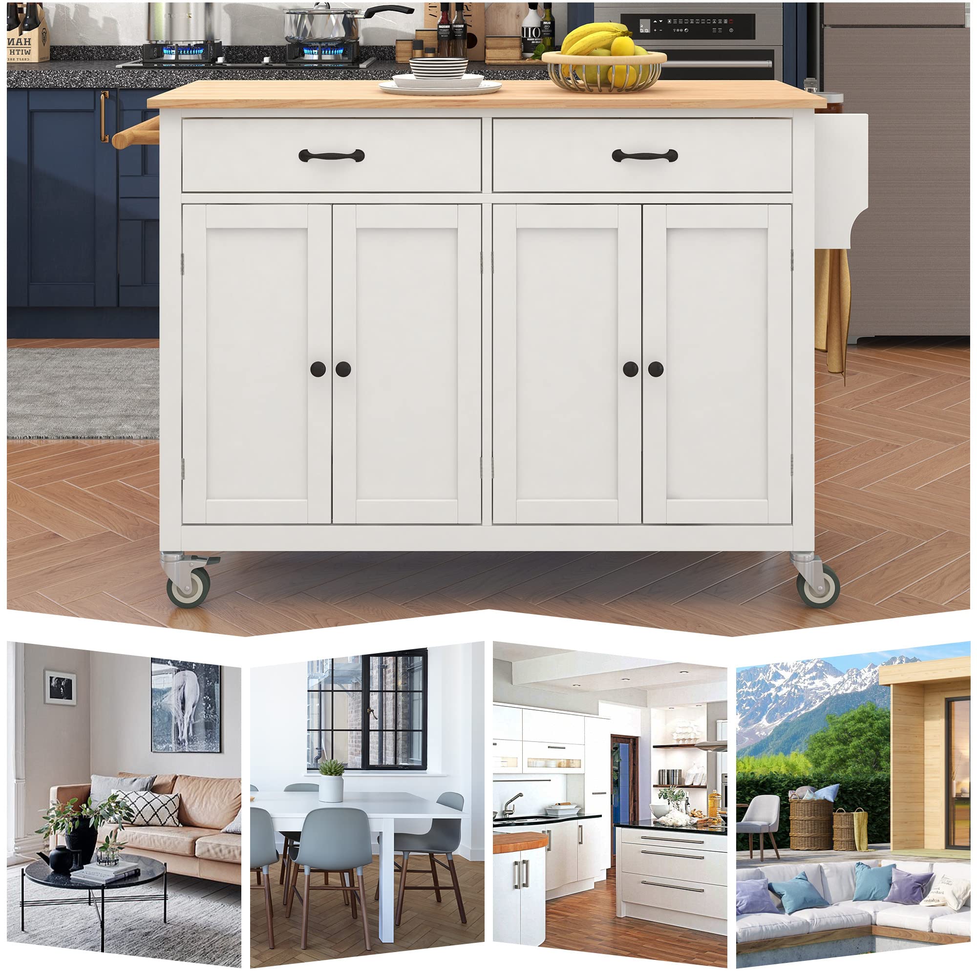 Kitchen Island on Wheels - Moveable Kitchen Island with Solid Wood Top and Locking Wheels, Rolling Kitchen Carts on Wheels with Storage, White