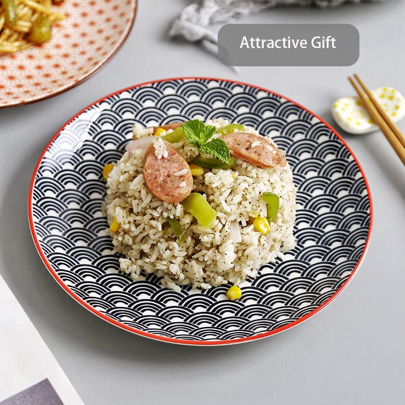 Domini Ceramic Pasta plates,8 inch Salad Bowls,Set of 4,Microwave and Oven Safe Plate with High Edge,Large Wide Bowls/Plates for Serving Dinner,Salad,Oatmeal,Mix-Match Pattern,Gift