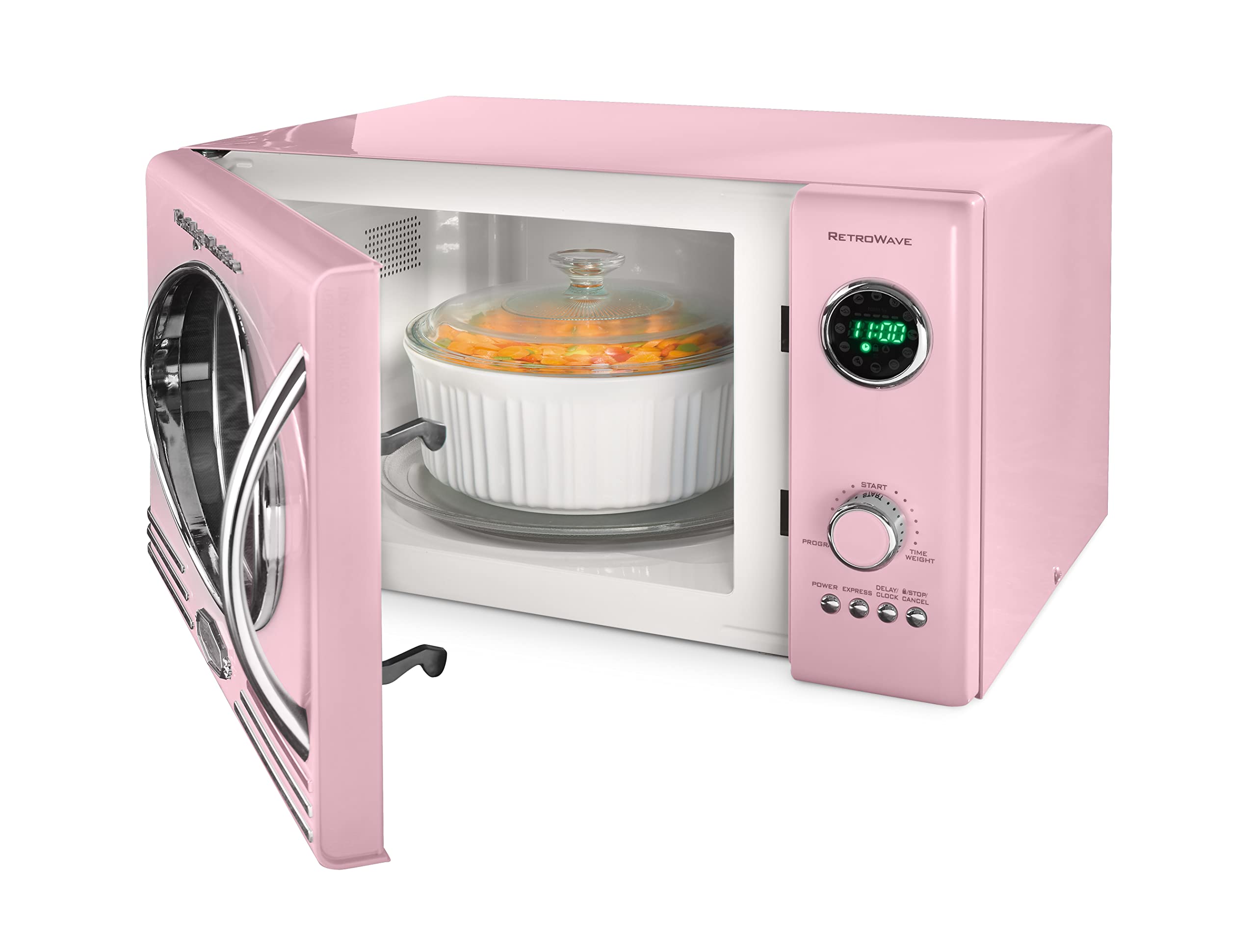 FRIGIDAIRE EFR376 Retro Bar Fridge Refrigerator with Side Bottle Opener, 3.2 cu. Ft, Pink/Coral & Nostalgia Retro Countertop Microwave Oven, 0.9 Cu. Ft. 800-Watts with LED Digital Display, Cu.Ft, Pink