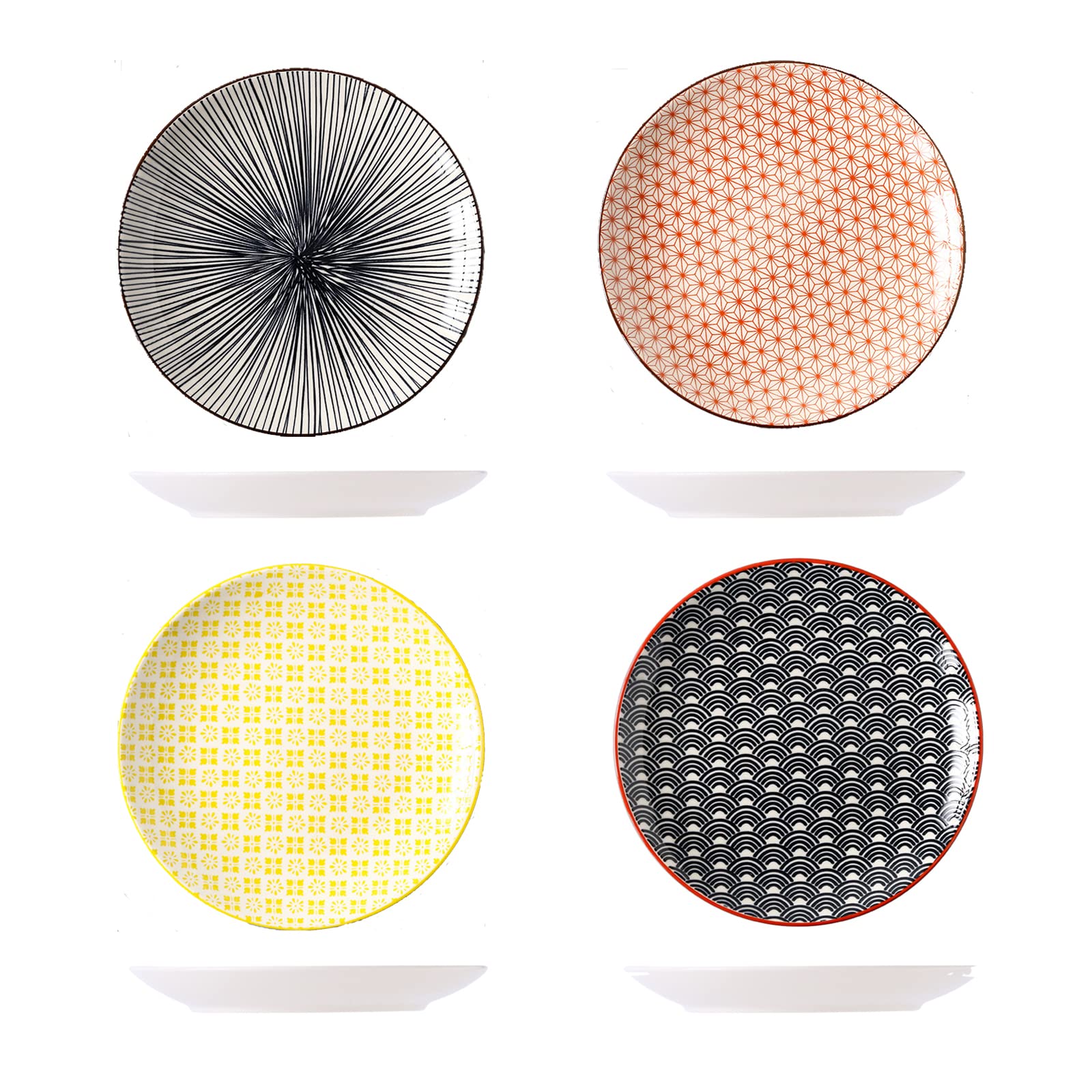 Domini Ceramic Pasta plates,8 inch Salad Bowls,Set of 4,Microwave and Oven Safe Plate with High Edge,Large Wide Bowls/Plates for Serving Dinner,Salad,Oatmeal,Mix-Match Pattern,Gift