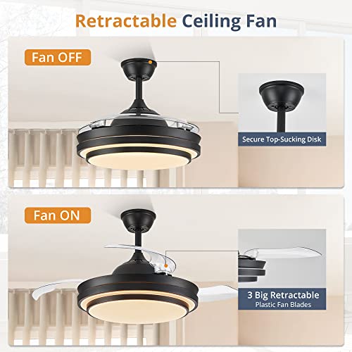 LEDIARY 42 Inch Retractable Ceiling Fans with Lights and Remote, Bladeless Ceiling Fans with LED Lighting, Smart Modern Ceiling Fan, Stepless Color Changeable, Dimmable, Timer Setting - Black