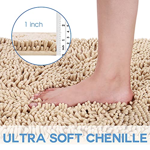 EGYPHY Bathroom Rugs Chenille Bath Mat Extra Soft and Absorbent Bath Rugs Non-Slip Shaggy Mats for Shower, Bathtub, Kitchen, Machine Washable Rug Pad Plush Microfiber Carpet 17x24 Inches Camel