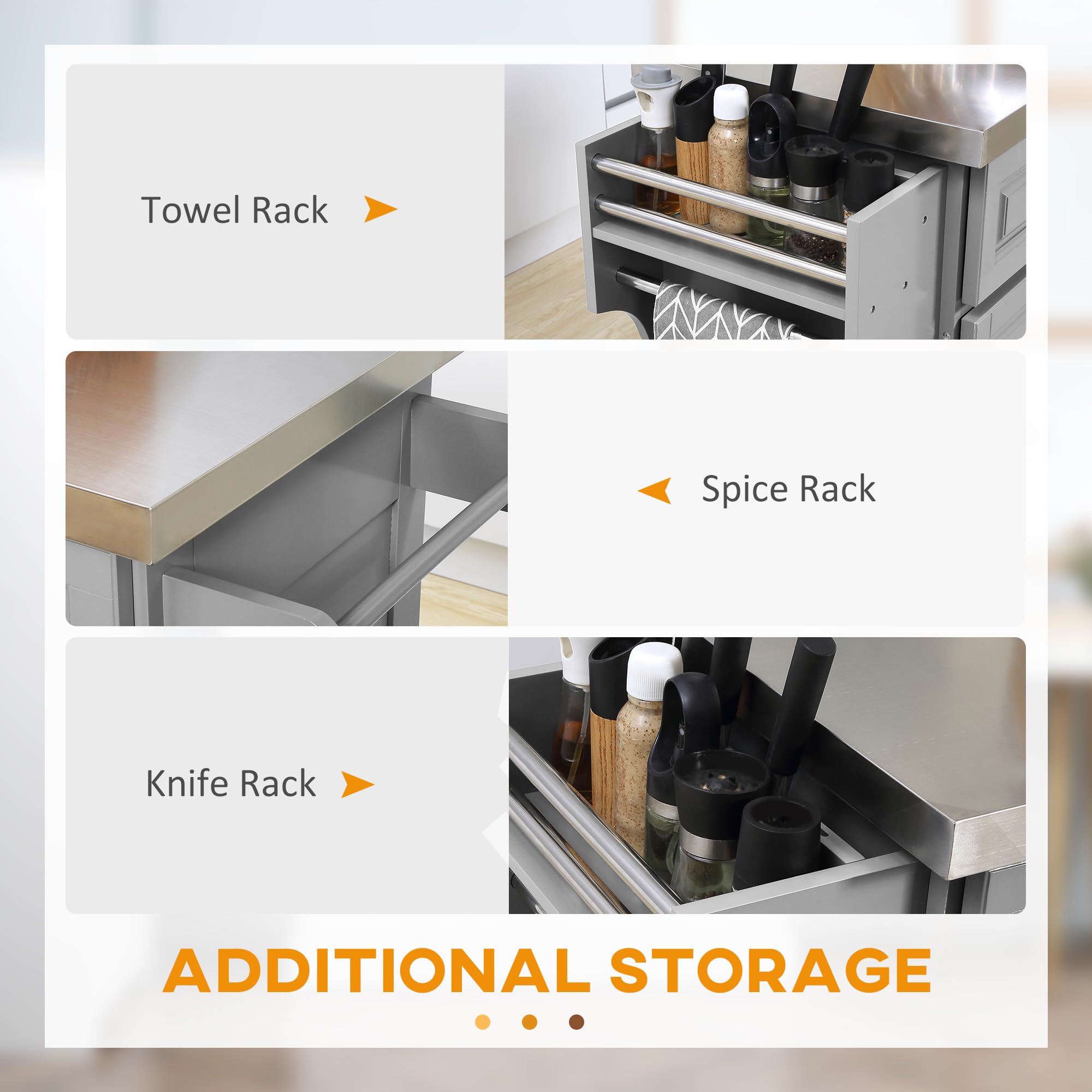 HOMCOM Rolling Island with Wheels for Kitchen, Portable Kitchen Island with Stainless Steel Top, Adjustable Shelves, 2 Drawers, Spice, Knife and Towel Rack, Gray