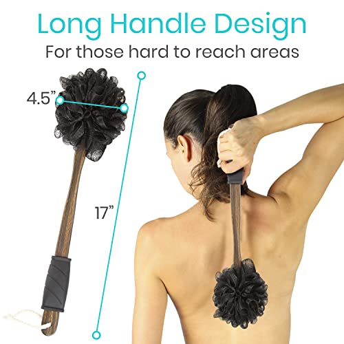 Loofah Back Scrubber by Vive - Long Handled Exfoliating Bath & Shower Body Brush Luffa Sponge On a Stick w/String for Hook - Men & Women (Loofah Brush Dark Wood)