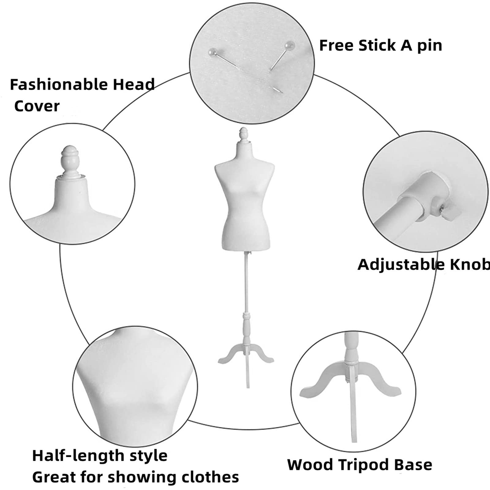 Female Dress Form Mannequin Torso with Wooden Tripod Stand 55-67 Inch Height Adjustable Mannequin Body for Sewing Counter Window Display,White