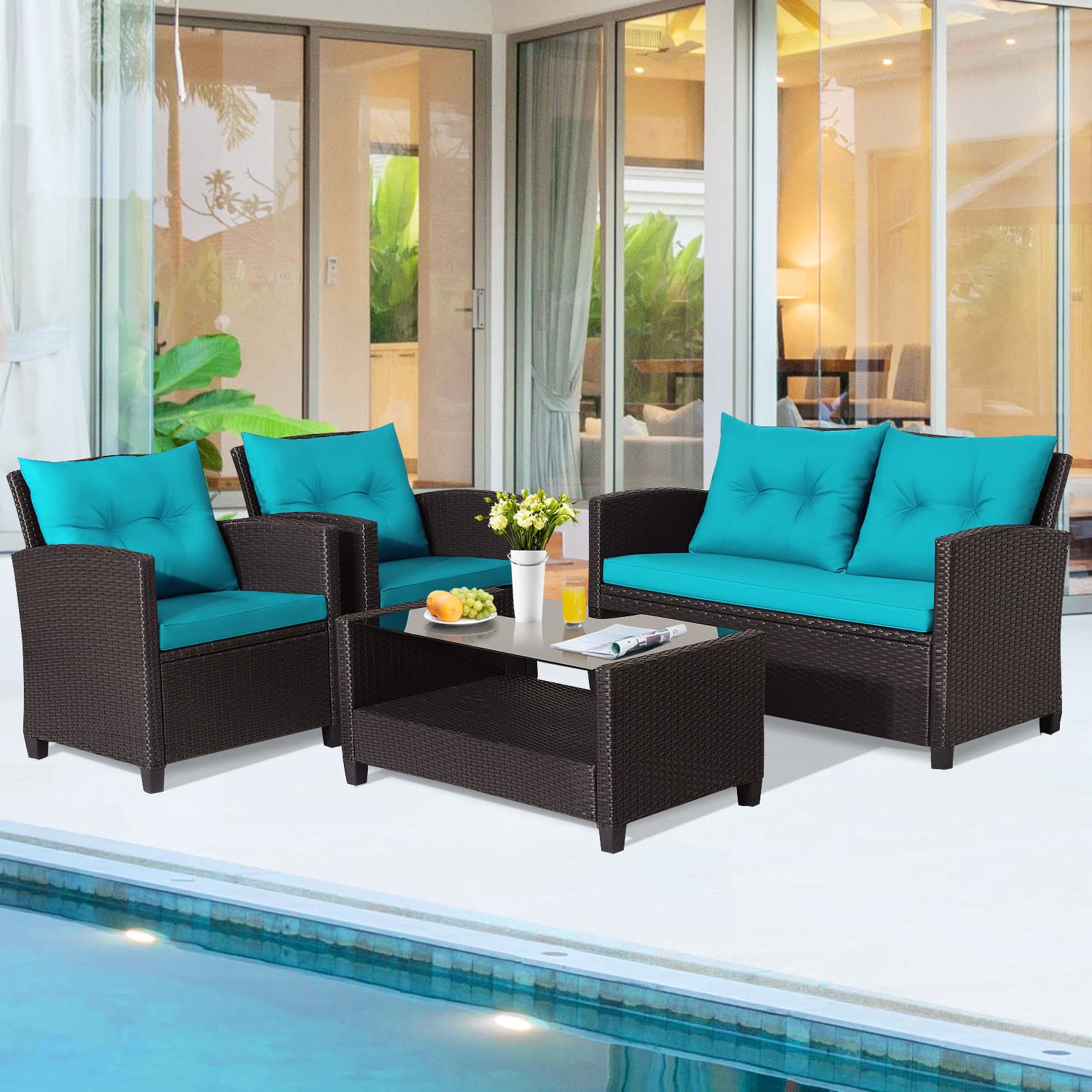 HAPPYGRILL 4 Pieces Patio Furniture Set Outdoor PE Rattan Conversation Set with 2-Tier Coffee Table, Extra Storage Shelf and Cushions, Patio PE Wicker Sofa Set for Garden Backyard Poolside