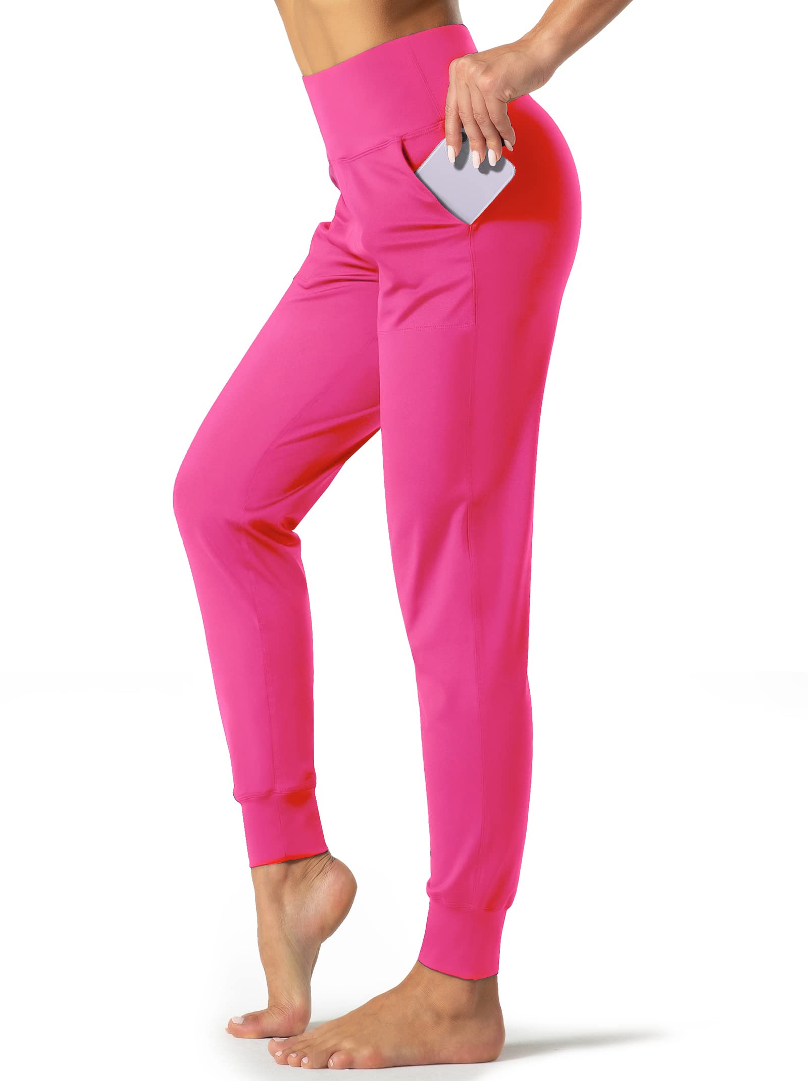 Wjustforu Women's Joggers Sweatpants High Waist Lounge Tapered Pants with Pockets Loose Track Cuff Leggings for Gym, Workout, Yoga (Small, Bright Pink)