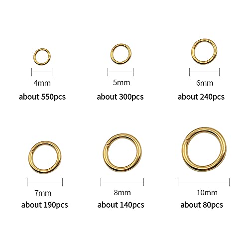 1500Pcs Mixed 6 Sizes Open Jump Rings,4mm 5mm 6mm 7mm 8mm 10mm Jump Ring Jewelry Keychain for Jewelry Making Accessories with 1Pcs Jump Ring Open/Close Tool and 1Pcs Storage Box (Gold)