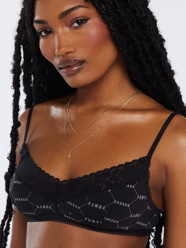 Savage X Fenty, Women's, Cotton Essentials Bralette, Cotton, Unlined Bralette, Black Caviar Logo Print, M