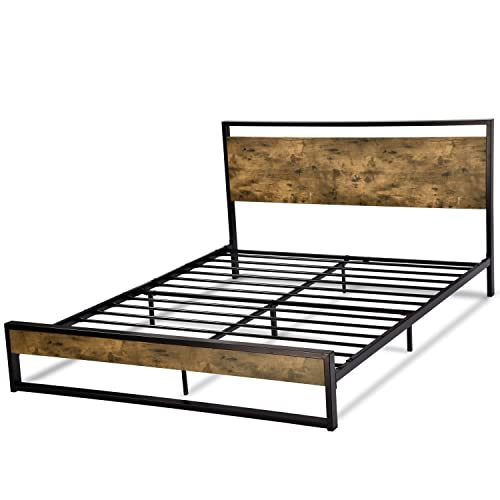 IMUsee Full Size Bed Frame with Wood Headboard, Rustic Farmhouse Full Platform Bed Frame with Heavy Duty Strong Metal Slats Support, Modern Bed Framework, No Box Spring Needed, Easy Assembly, Brown