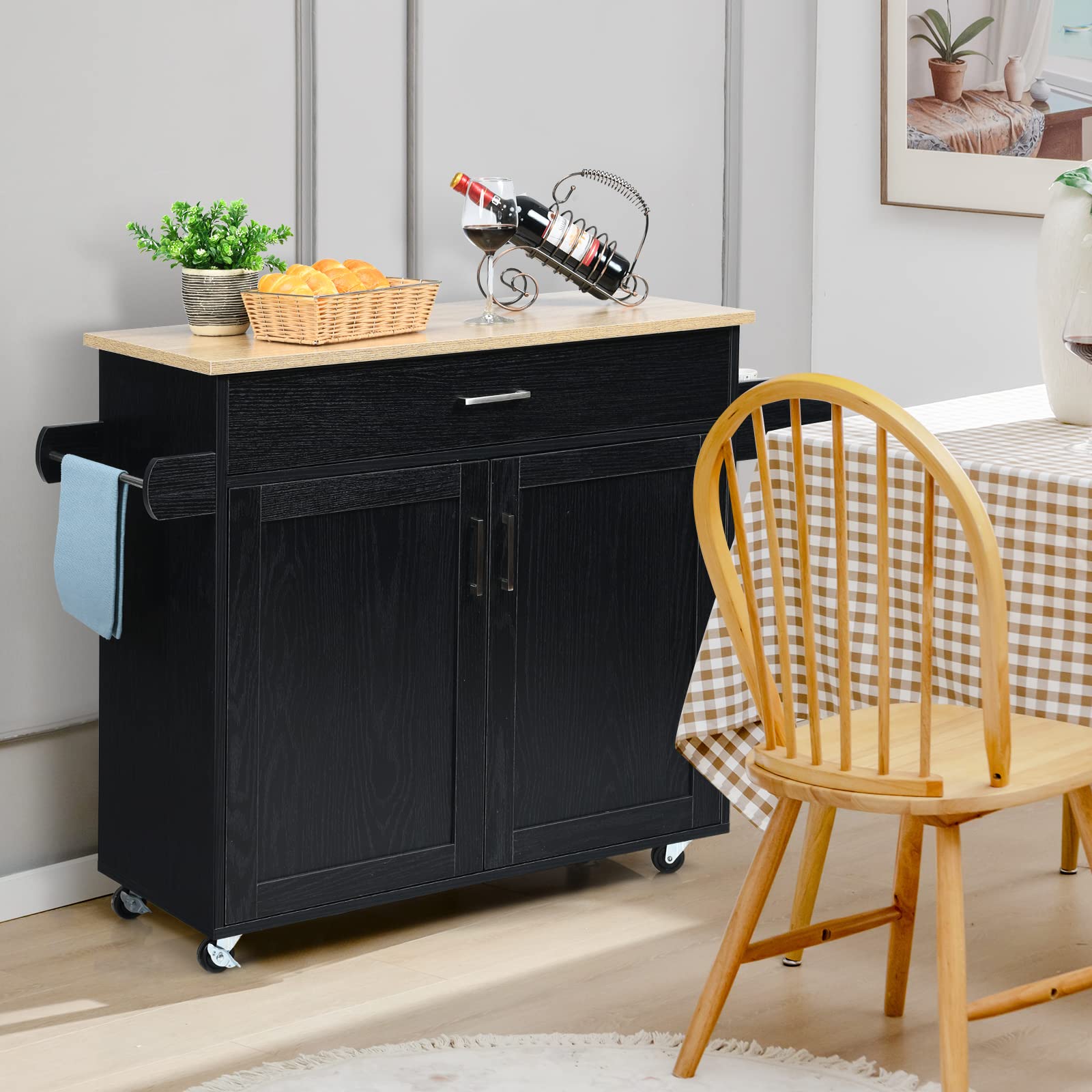 COSTWAY Kitchen Island Cart, Rolling Storage Trolley Cart with Lockable Rubber Wheels, Large Cabinet, Drawer, Spice Rack and Towel Rack, Kitchen Serving Utility, 3-Position Adjustable Shelf (Black)