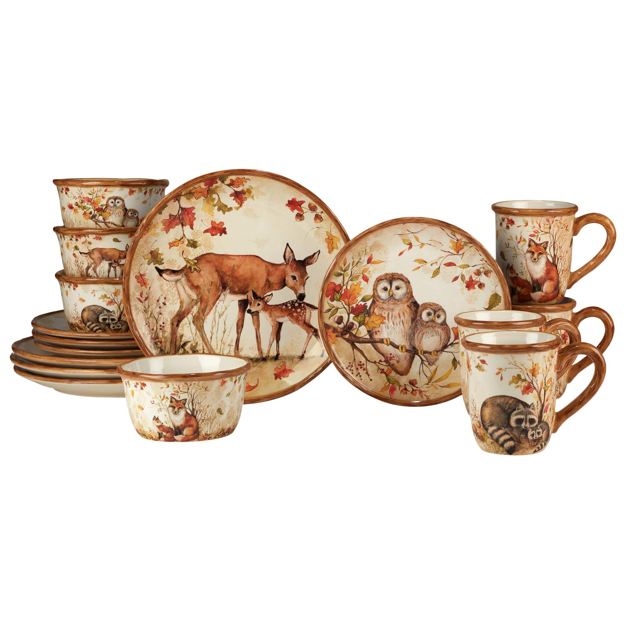 Certified International Pine Forest 16 pc Dinnerware Set, Service for 4, BROWN & Pine Forest 10.5'' Dinner Plates, Set of 4,