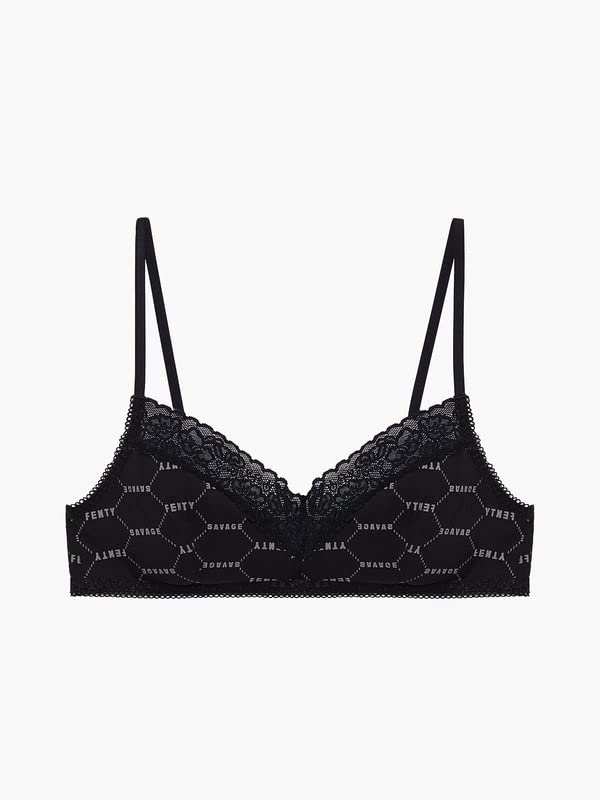 Savage X Fenty, Women's, Cotton Essentials Bralette, Cotton, Unlined Bralette, Black Caviar Logo Print, M