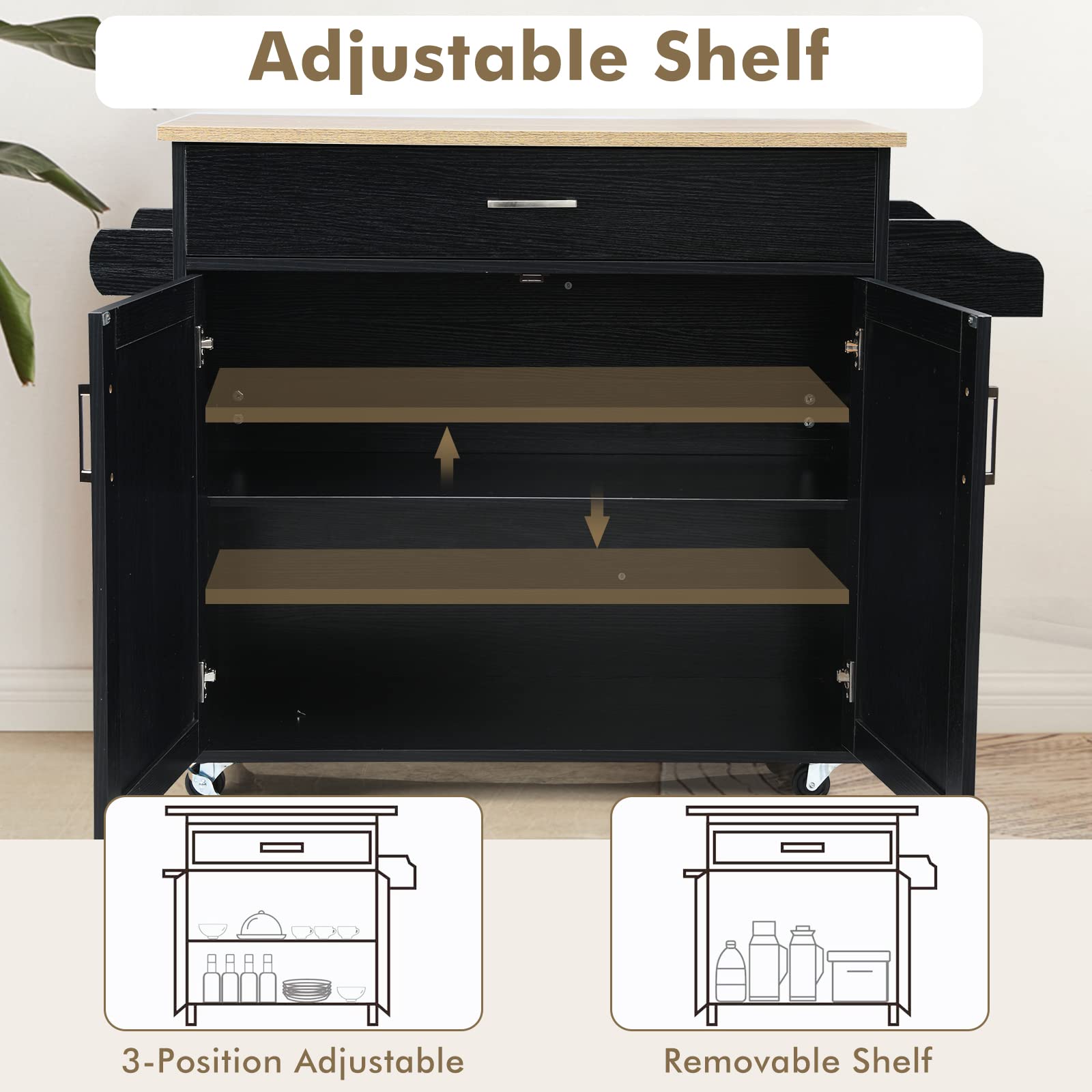 COSTWAY Kitchen Island Cart, Rolling Storage Trolley Cart with Lockable Rubber Wheels, Large Cabinet, Drawer, Spice Rack and Towel Rack, Kitchen Serving Utility, 3-Position Adjustable Shelf (Black)