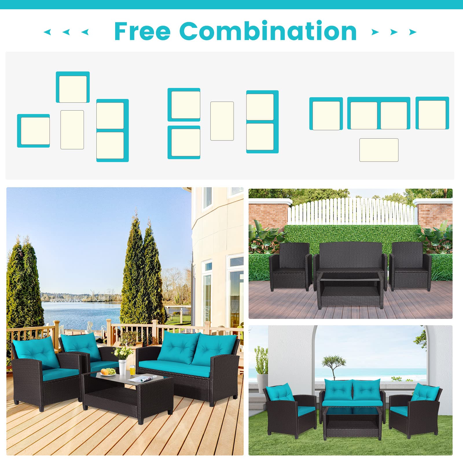 HAPPYGRILL 4 Pieces Patio Furniture Set Outdoor PE Rattan Conversation Set with 2-Tier Coffee Table, Extra Storage Shelf and Cushions, Patio PE Wicker Sofa Set for Garden Backyard Poolside