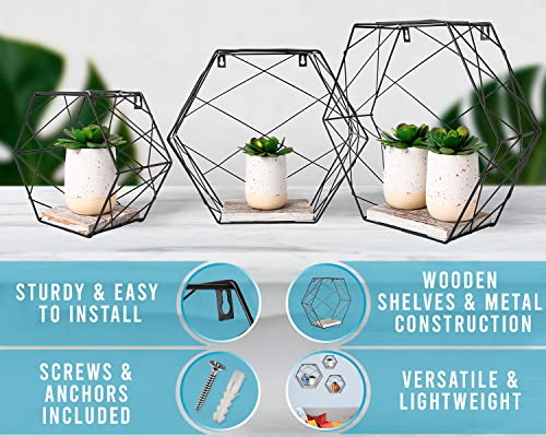 Comfify Industrial Wall Mounted Honeycomb Floating Shelves Set of 3 Decorative Hexagon Metal Wire Shelves – Large, Medium and Small - Modern Shelves for Home, Office and More - Rustic White