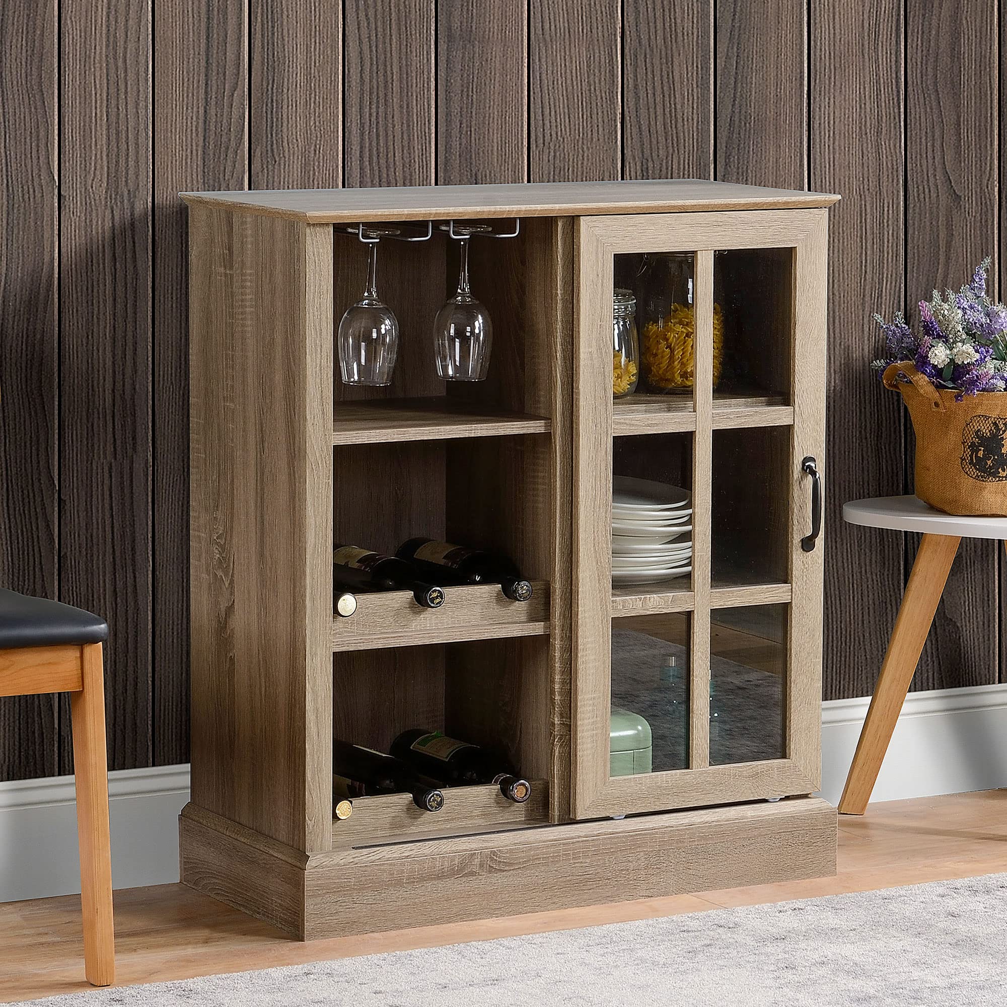 HOMCOM Wine Bar Cabinet, with 6-Bottle Wine Rack and Stemware Racks, Small Sideboard Buffet Cabinet with Sliding Glass Door and Storage Shelves for Kitchen, Brown