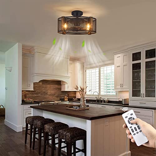SADENICEL Farmhouse Low Profile Caged Ceiling Fan with Lights Remote Control,17 Inch Industrial Bedroom Ceiling Fan, Bladeless Ceiling Fan with Lights for Kitchen, Bedroom, Dining Room