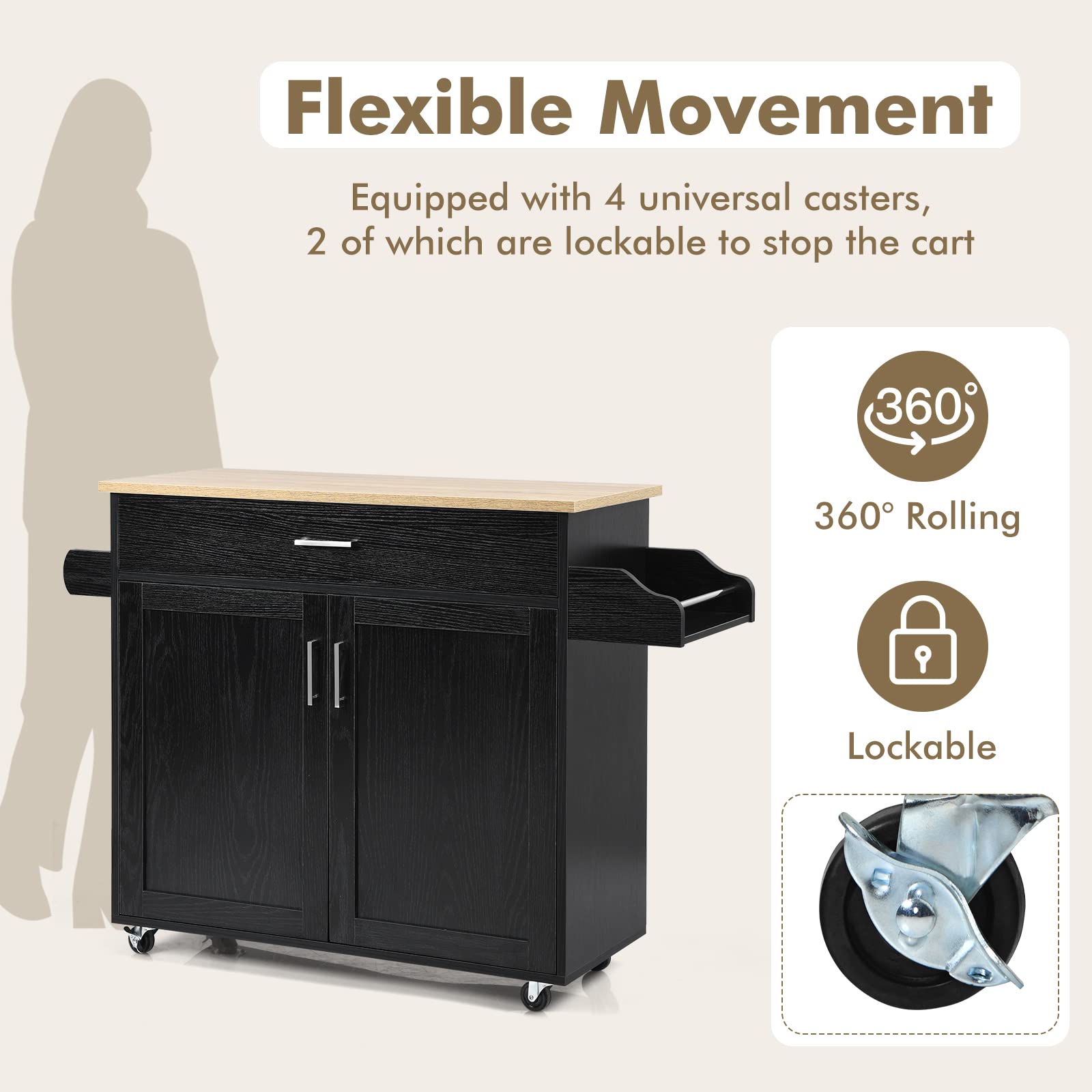 COSTWAY Kitchen Island Cart, Rolling Storage Trolley Cart with Lockable Rubber Wheels, Large Cabinet, Drawer, Spice Rack and Towel Rack, Kitchen Serving Utility, 3-Position Adjustable Shelf (Black)
