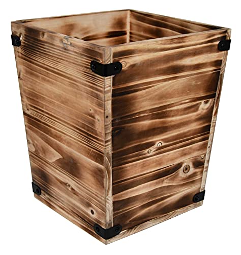 Owlgift Decorative Rustic Burnt Wood Trash Can, Farmhouse Stylish Wooden Waste Basket Near Desk, Square Garbage Cans Trashcan with Metal Brackets for Office, Bedroom & Bathroom