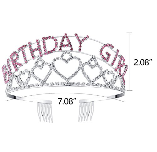 BABEYOND Crystal Birthday Tiara Crown Princess Birthday Crown Hair Accessories Set Happy Birthday Crown Tiara with Sash for Women(Silver and Pink)
