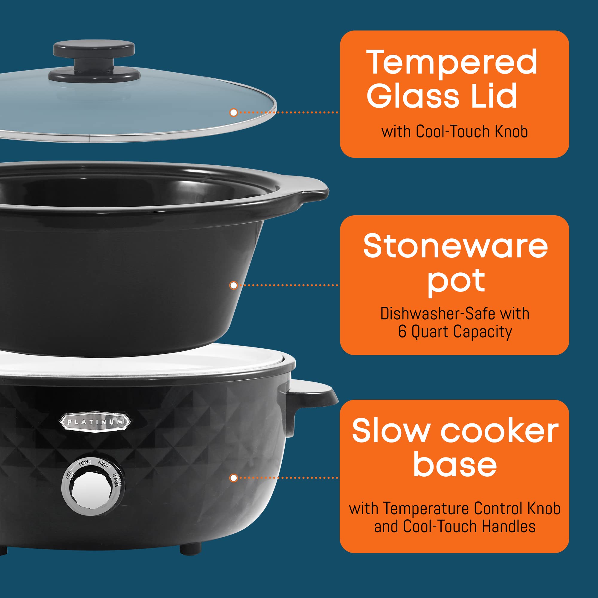 Elite Gourmet MST-1234B## 6 Quart Diamond Pattern Slow Cooker, Removable, Dishwasher-Safe Stoneware Pot with Tempered Glass Lid, Cool-Touch Handles, 6 Quart, Black