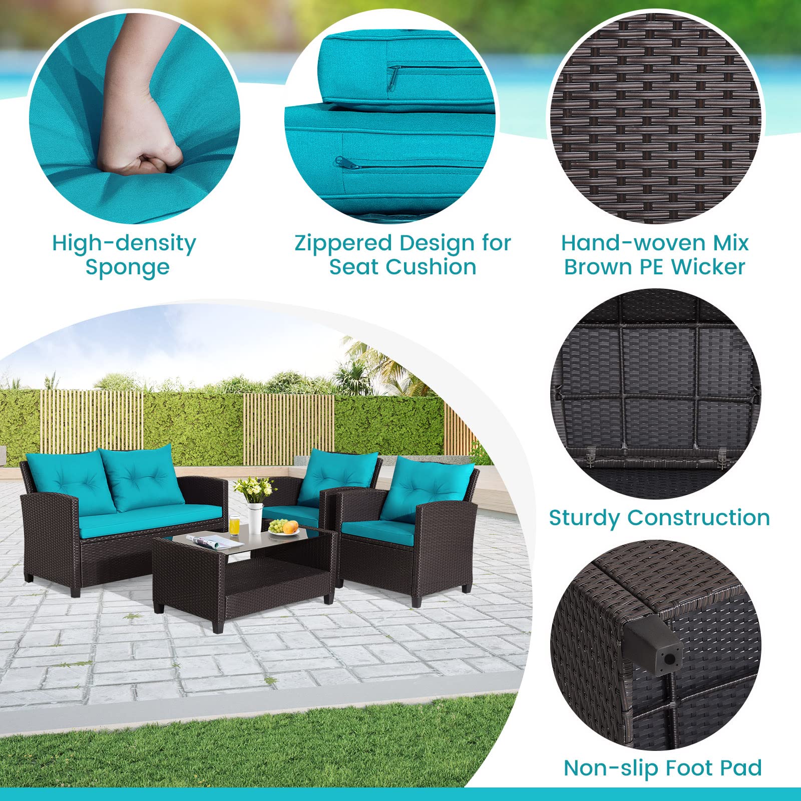 HAPPYGRILL 4 Pieces Patio Furniture Set Outdoor PE Rattan Conversation Set with 2-Tier Coffee Table, Extra Storage Shelf and Cushions, Patio PE Wicker Sofa Set for Garden Backyard Poolside