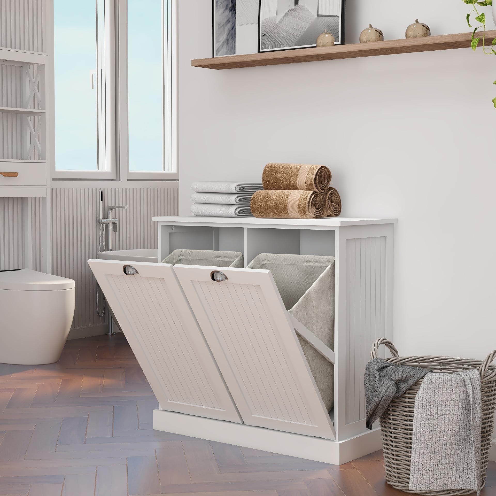 RASOO Double Tilt Out Trash Cabinet White Free Standing Laundry Sorter Cabinet with Removable Two-Compartment Tilt-Out Hamper Clothes Basket