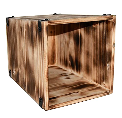 Owlgift Decorative Rustic Burnt Wood Trash Can, Farmhouse Stylish Wooden Waste Basket Near Desk, Square Garbage Cans Trashcan with Metal Brackets for Office, Bedroom & Bathroom