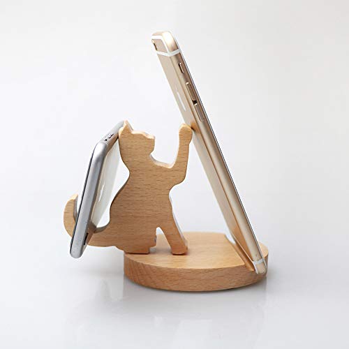 MHKBD Cute Cat Cell Phone Stand, Wooden Phone Stand Cell Phone Holder Desktop Cellphone Stand Universal Desk Stand for All Smart Phone Desk Decoration, Great Gift for Cat Lover Valentines Gift