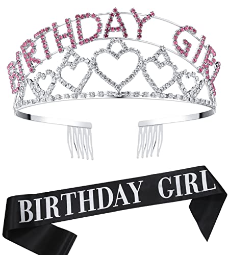BABEYOND Crystal Birthday Tiara Crown Princess Birthday Crown Hair Accessories Set Happy Birthday Crown Tiara with Sash for Women(Silver and Pink)