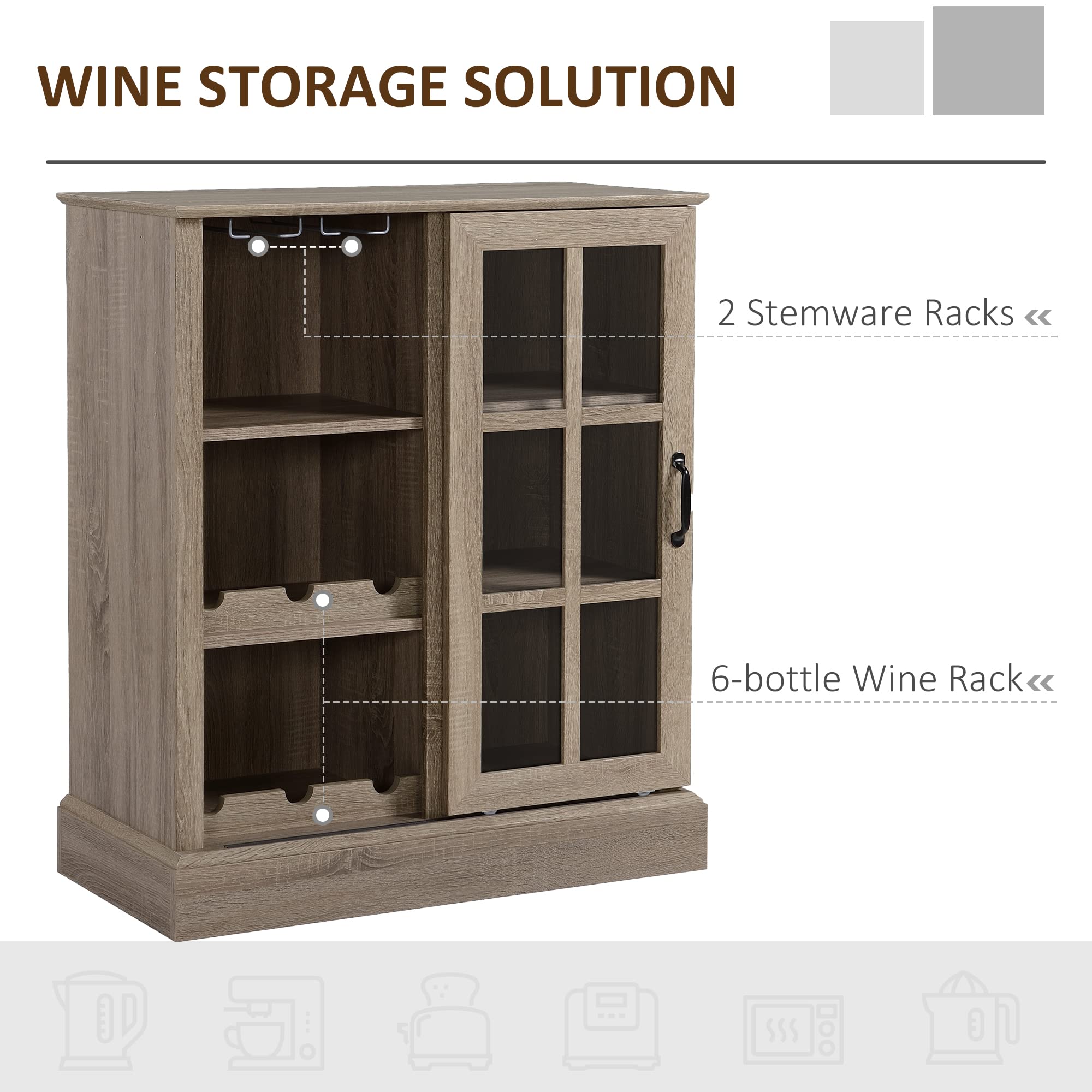 HOMCOM Wine Bar Cabinet, with 6-Bottle Wine Rack and Stemware Racks, Small Sideboard Buffet Cabinet with Sliding Glass Door and Storage Shelves for Kitchen, Brown