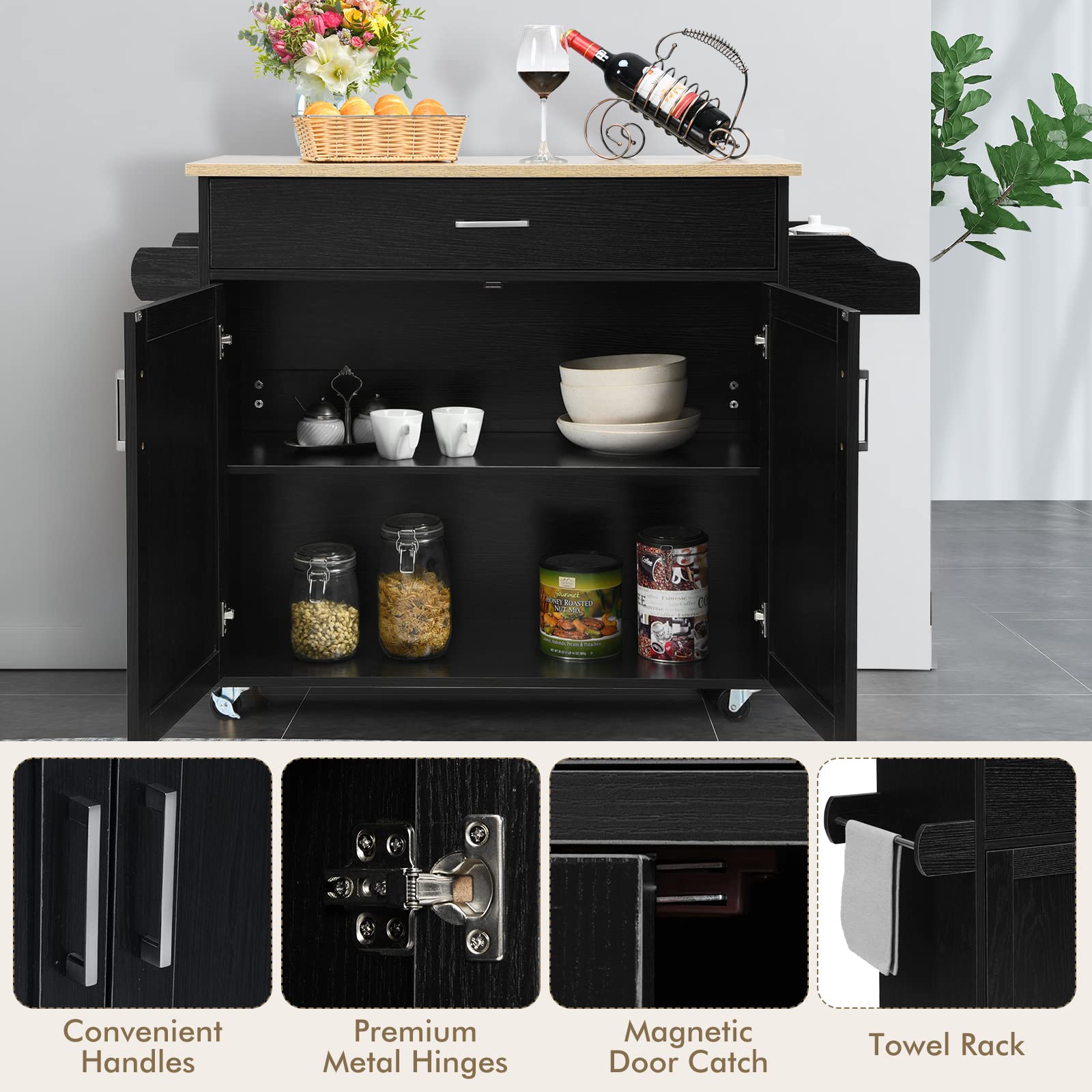 COSTWAY Kitchen Island Cart, Rolling Storage Trolley Cart with Lockable Rubber Wheels, Large Cabinet, Drawer, Spice Rack and Towel Rack, Kitchen Serving Utility, 3-Position Adjustable Shelf (Black)