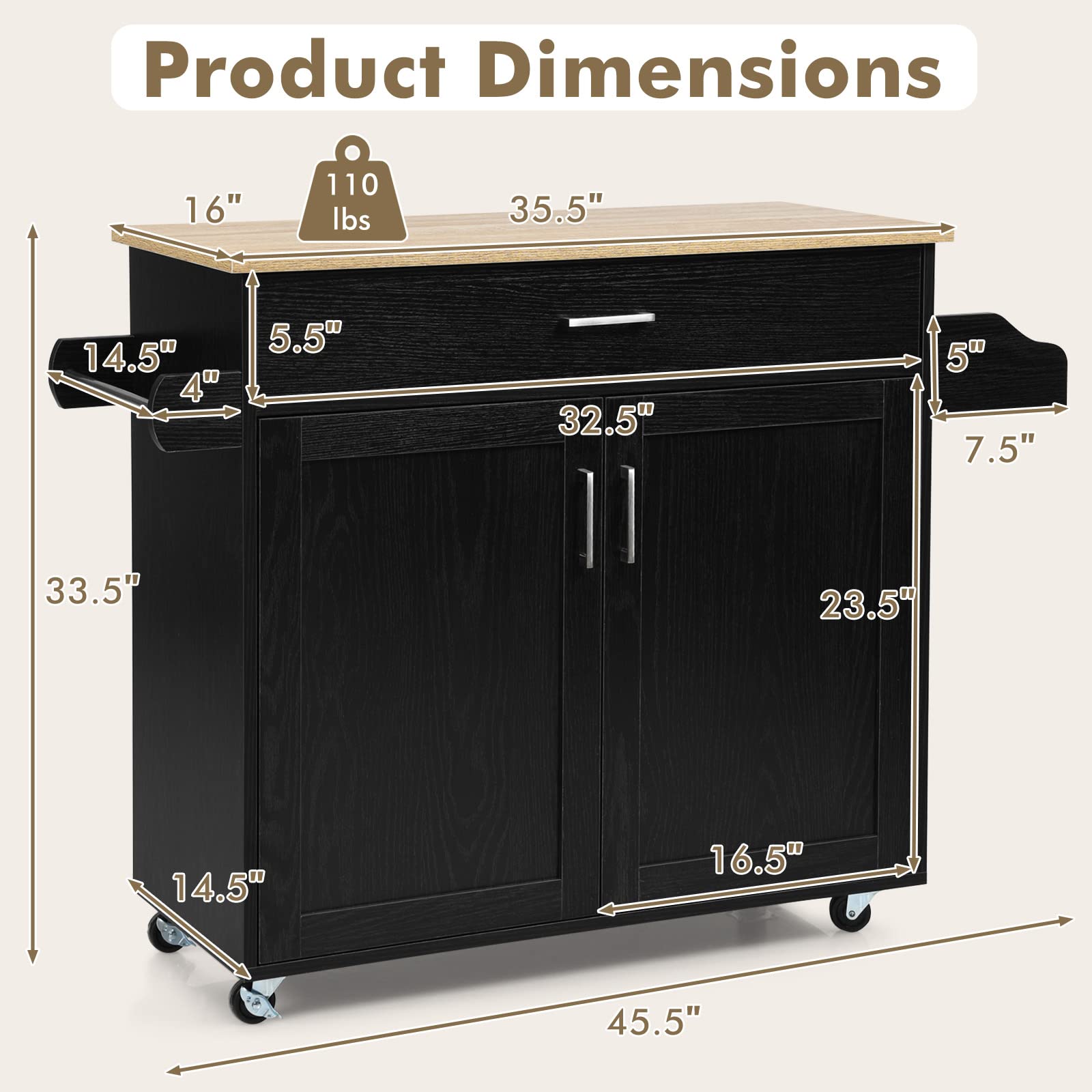 COSTWAY Kitchen Island Cart, Rolling Storage Trolley Cart with Lockable Rubber Wheels, Large Cabinet, Drawer, Spice Rack and Towel Rack, Kitchen Serving Utility, 3-Position Adjustable Shelf (Black)