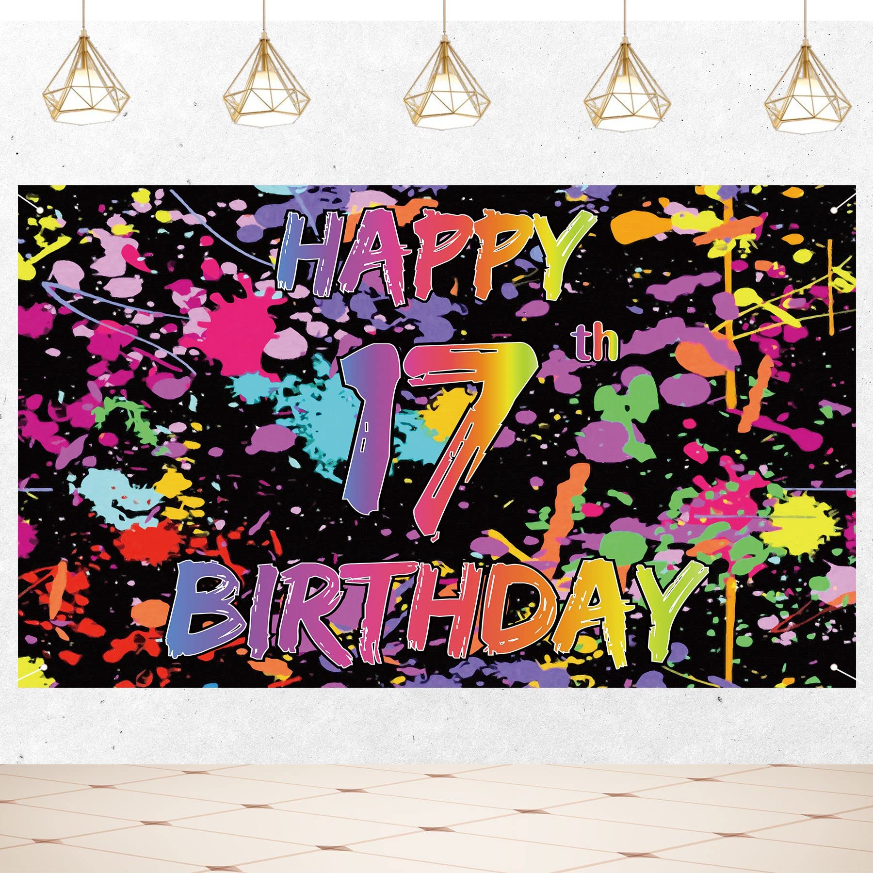 Joyiou Happy 17th Birthday Neno Glow in The Dark Backdrop Banner Sign Decorations for Girls Boys, Colorful Graffiti Splash Paint 17th Birthday Party Indoor Outdoor Decor Supplies (5x3ft)