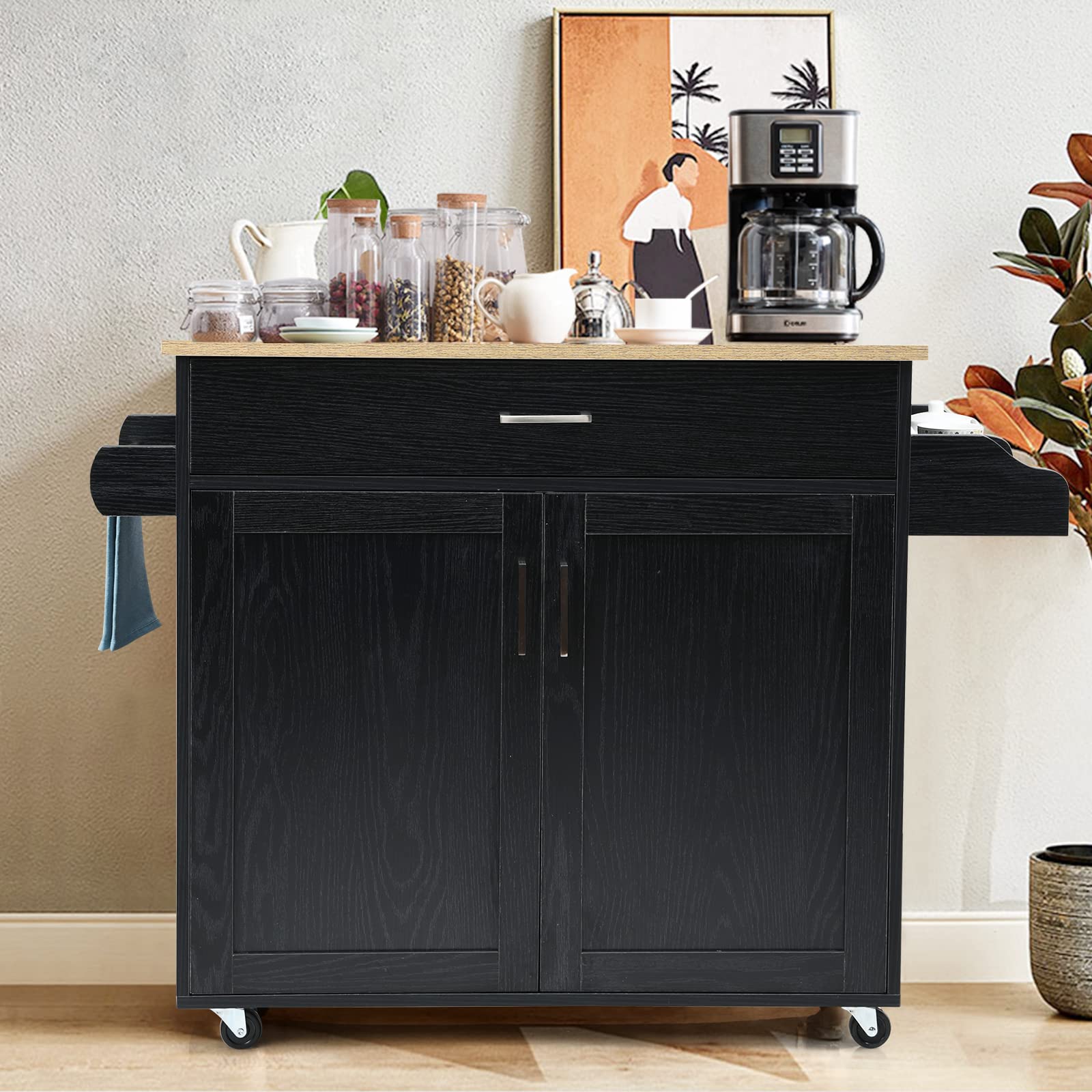COSTWAY Kitchen Island Cart, Rolling Storage Trolley Cart with Lockable Rubber Wheels, Large Cabinet, Drawer, Spice Rack and Towel Rack, Kitchen Serving Utility, 3-Position Adjustable Shelf (Black)