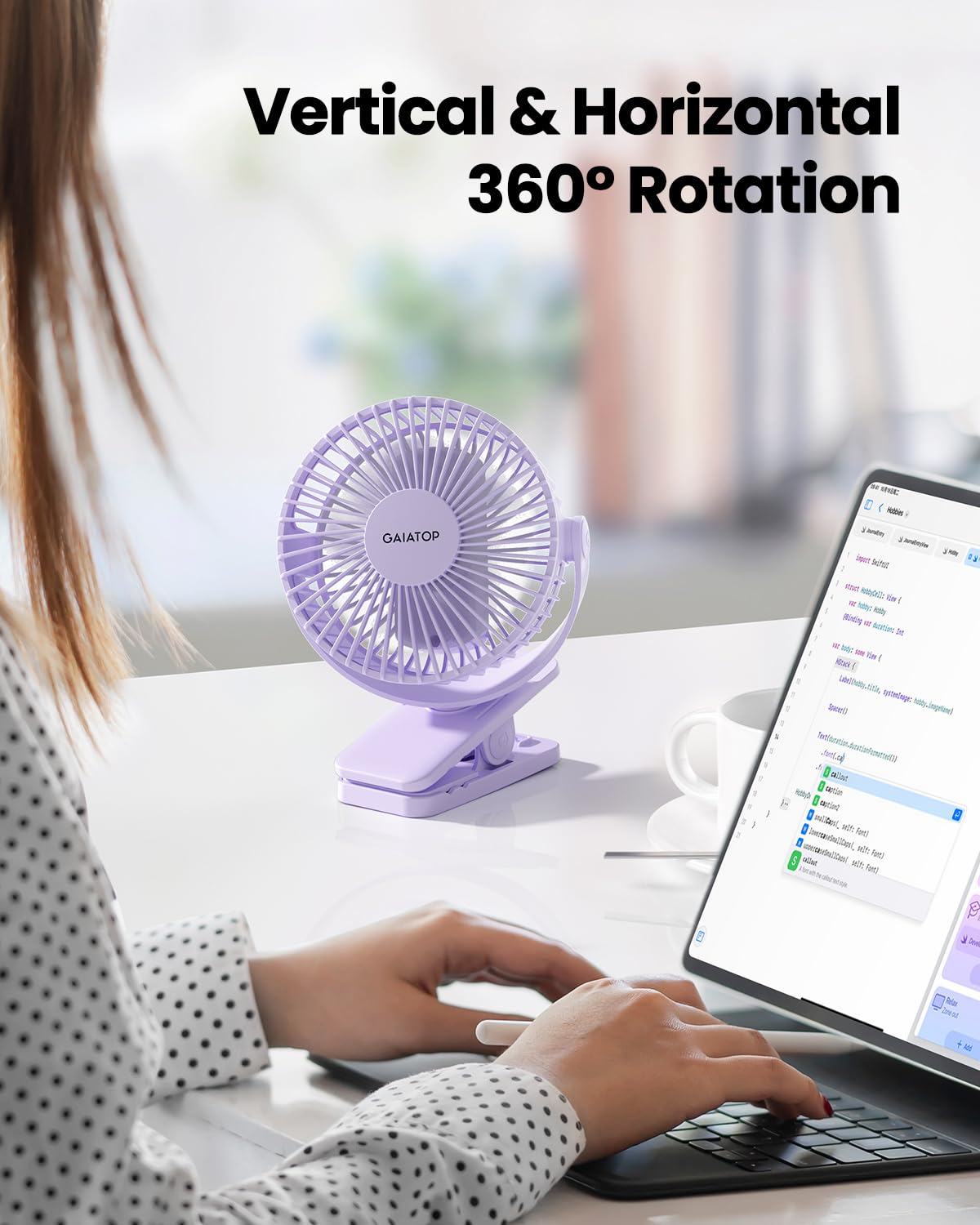 Gaiatop Portable Clip on Fan Battery Operated, Small Powerful 3 Speed Quiet 360° Rotate, USB Rechargeable Mini Personal Cooling for Desk Table Home Office Stroller Camping Purple